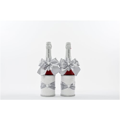 Свадебный набор для украшения бутылок шампанского "Дуэт" серебряного цвета / Украшение для бутылок на свадьбу