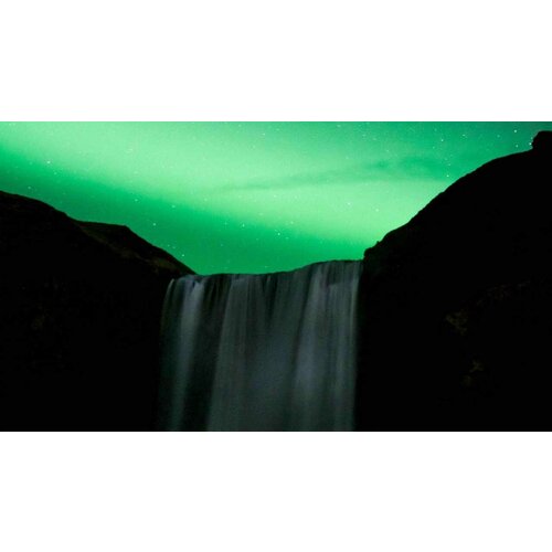 Картина на холсте 60x110 LinxOne "Водопад, ночь, северное сияние, звезды, небо, зеленый" интерьерная для дома / на стену / на кухню / с подрамником