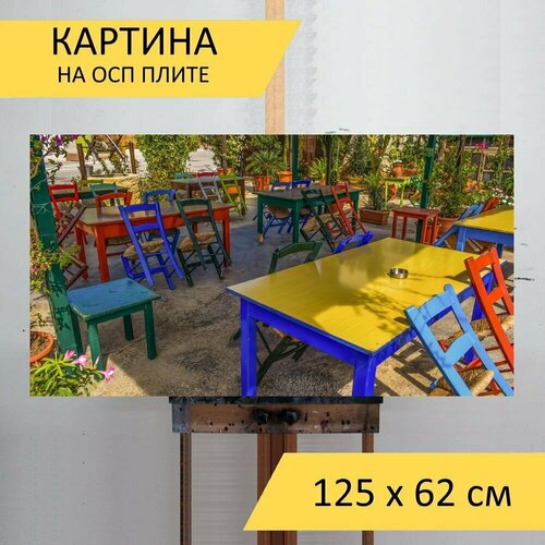 Картина на ОСП 125х62 см. "Стулья, столы, цвета" горизонтальная, для интерьера, с креплениями