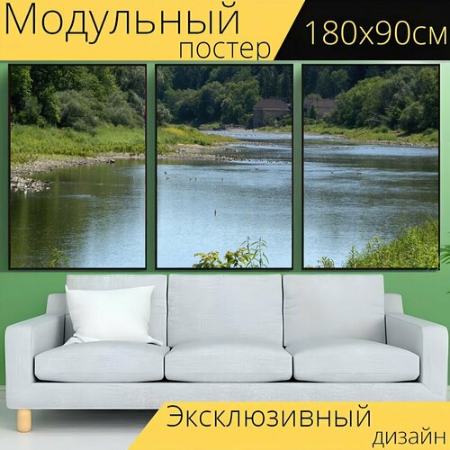 Модульный постер "Река, лес, парк" 180 x 90 см. для интерьера