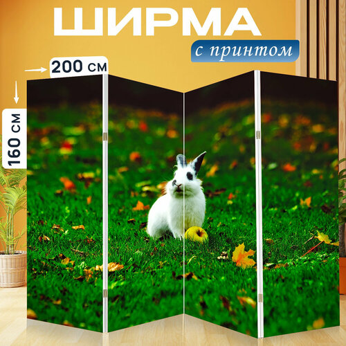 Ширма перегородка с принтом "Кролик, животное, яблоко" на холсте - 200x160 см. для зонирования, раскладная