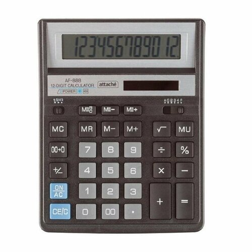 Калькулятор настольный Attache полноразмерный, AF-888, 12 разрядов, двойное питание, 204х158 мм, черный (SDC-888X)