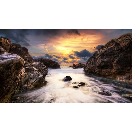 Картина на холсте 60x110 Альянс Лес "Закат океан камни normandie" на подрамнике / интерьер/ декор