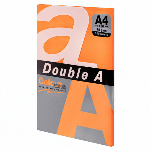 Бумага цветная DOUBLE A, А4, 75 г/м2, 100 л, неон, оранжевая упаковка 4 шт.