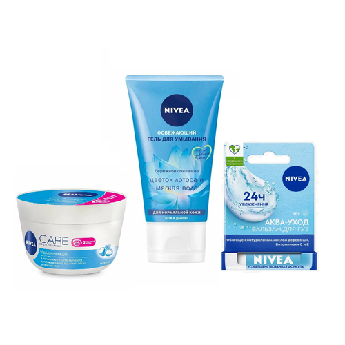 Nivea набор: Гель для умывания Agua effect, освежающий, для нормальной кожи, 150 мл. + Бальзам для губ Аква-уход SPF15, 4,8 гр, 1 шт + Крем увлажняющий Visag Care, для всех типов кожи, 100 мл