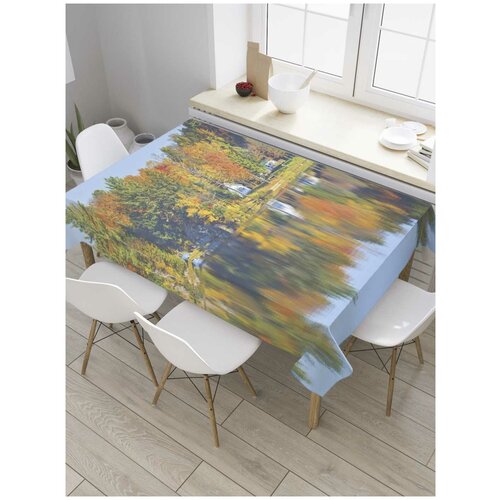 Скатерть прямоугольная JoyArty на кухонный стол "Домики на берегу осенью" из оксфорда, 180x145 см