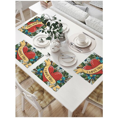 Салфетки на стол для сервировки прямоугольные, плейсмат JoyArty "Сердце на цветах", 32x46 см, в комплекте 4шт.