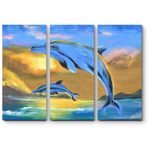 Модульная картина Дельфины на закате, масло 130x93