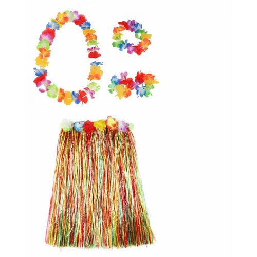 Гавайская юбка разноцветная 60 см, ожерелье лея 96 см, венок, 2 браслета (набор)