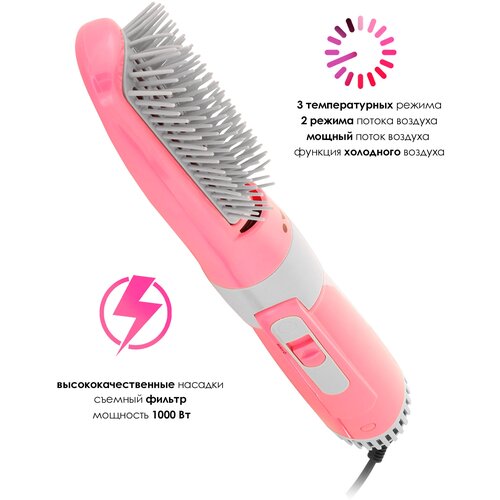 Профессиональный фен щетка для волос/ Термощетка для укладки волос / Стайлер / Фен расческа/розовый