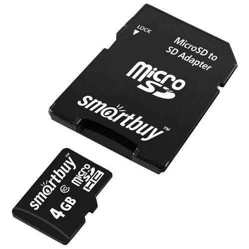 Карта памяти SmartBuy microSDHC 4 ГБ Class 10, V10, A1, R/W 25/14 МБ/с, адаптер на SD, 1 шт., черный