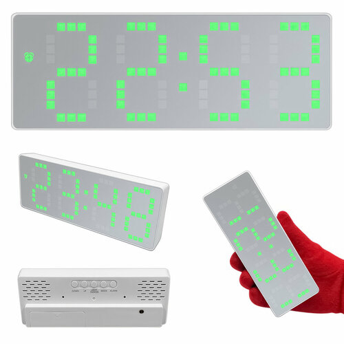 Часы электронные цифровые пиксельные настольные с будильником, термометром и календарем (103314) зелёная подсветка (белый корпус)