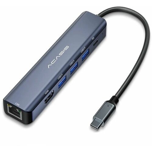 Док-станция Acasis DS-7HN6 6 в 1 с кабелем 1 метр, Type-C to HDMI + USB3.0 x 3 + PD 100 Вт, темно-серый