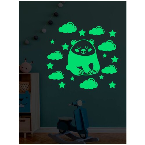 Наклейка светящаяся ' Пандочка ', 64x57см. (Мишка, звёзды, облака, небо, ночь, сон)