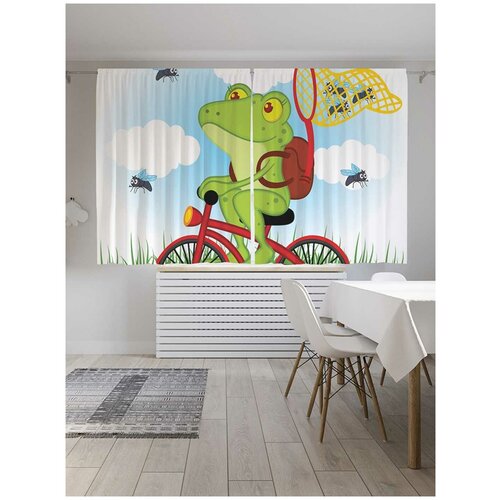 Классические шторы JoyArty "Лягушка с сачком на велосипеде", серия Oxford DeLux, 2 полотна 145x180 см