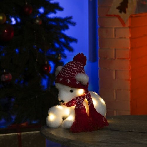 Светодиодная фигура «Медвежонок со снежным комом» 20 × 18 × 10 см, флок, батарейки CR2032х2, свечение тёплое белое