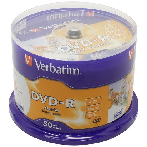 Диск DVD-R Verbatim 4.7 Gb, 16x, Cake Box (50), Printable (50/200). {43533}