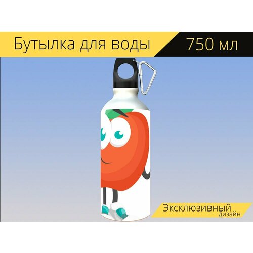Бутылка фляга для воды "Яблоко, фрукты, мультфильм" 750 мл. с карабином и принтом