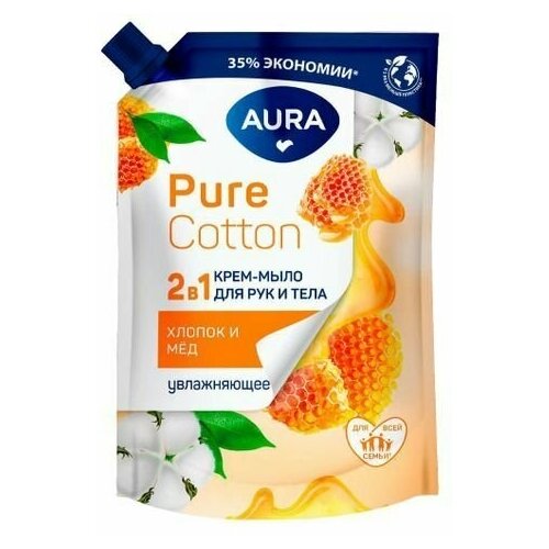 Aura Pure Cotton 2 в 1 Жидкое мыло для рук и тела увлажняющее Хлопок и Мед, 450 мл в мягкой упаковке