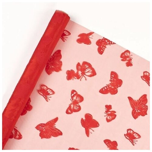 Органза с рисунком "Бабочки" красная для упаковки цветов и подарков в рулоне, 70см*10ярд