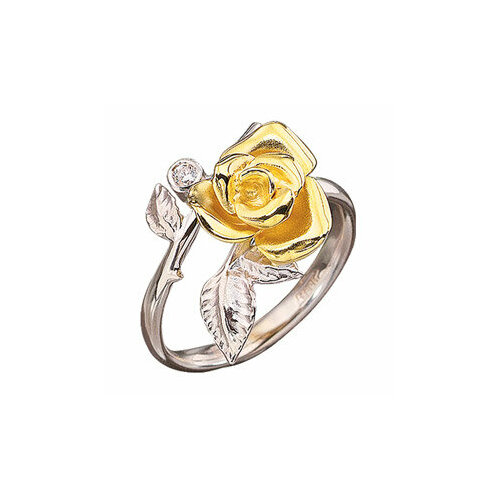 Перстень Альдзена Роза, белое, желтое, комбинированное золото, 585 проба, родирование, бриллиант, размер 16.5, белый, желтый