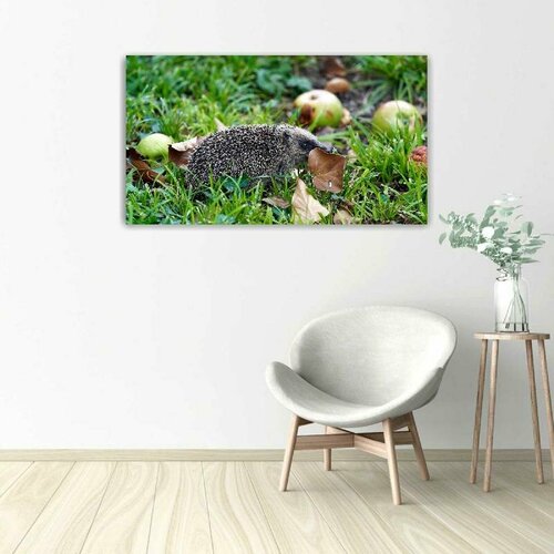 Картина на холсте 60x110 LinxOne "Трава листья еж яблоки ежик" интерьерная для дома / на стену / на кухню / с подрамником