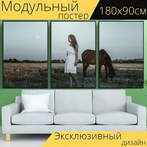 Модульный постер "Фотосессия с лошадью, девушка, шляпа" 180 x 90 см. для интерьера