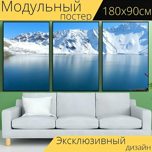 Модульный постер "Снег, плотина, заснеженные горы" 180 x 90 см. для интерьера