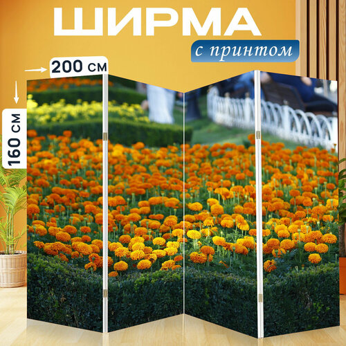 Ширма перегородка с принтом "Цветы, сад, пейзаж" на холсте - 200x160 см. для зонирования, раскладная
