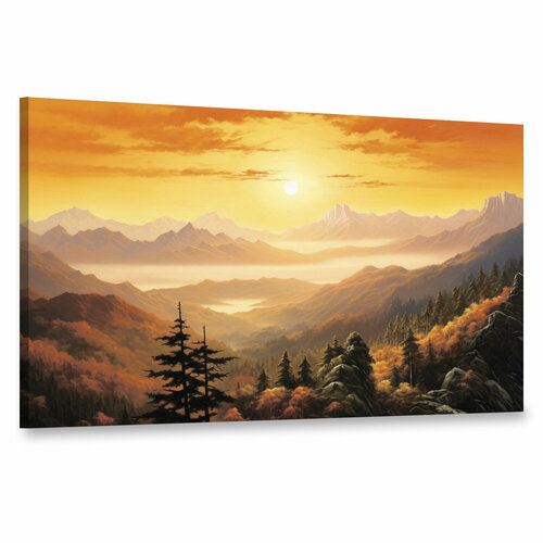 Интерьерная картина 100х60 "Пейзаж с горами и солнечным закатом"