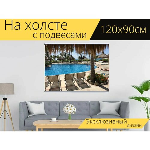 Картина на холсте "Канкун, океан, бассейн" с подвесами 120х90 см. для интерьера