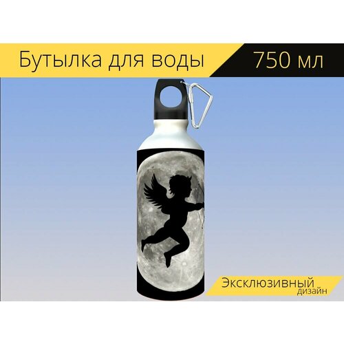 Бутылка фляга для воды "Луна, полнолуние, ангел" 750 мл. с карабином и принтом