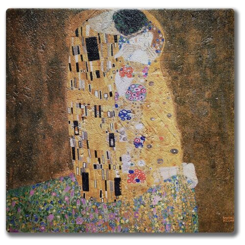 Репродукция картины Густава Климта "Поцелуй". Интерьерная фреска на доске. 50х50 см
