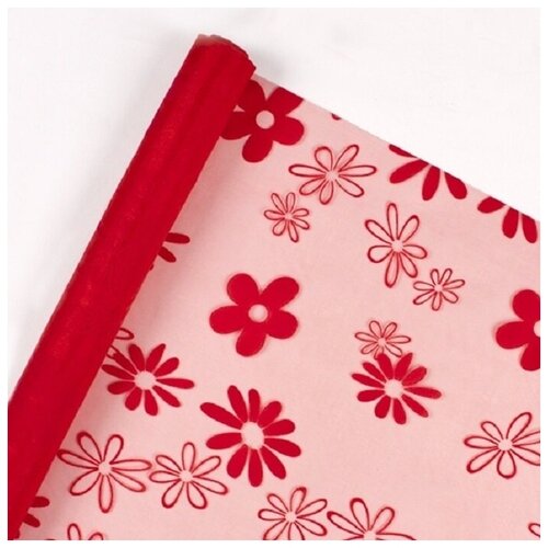 Органза с рисунком "Ромашки" красная для упаковки цветов и подарков в рулоне, 70см*10ярд