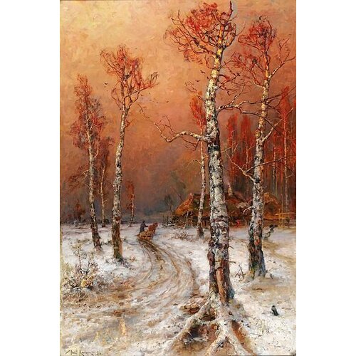 "Зимний пейзаж с воронами", Клевер Ю. Ю, картина для интерьера (репродукция) (60х90 см / на подрамнике)