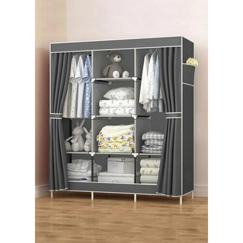 Складной шкаф для хранения одежды и обуви тканевой каркасный серый