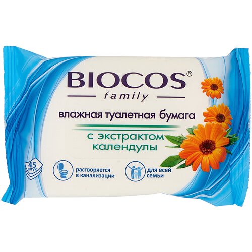 Влажная туалетная бумага BioCos Для всей семьи с экстрактом календулы 45 лист., белый