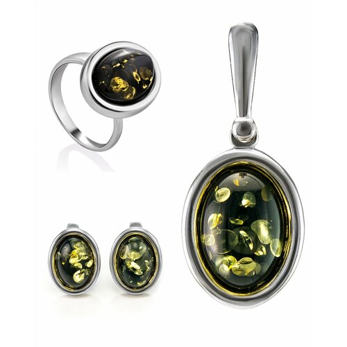 Комплект бижутерии: подвеска, серьги, кольцо, янтарь, размер кольца: безразмерное, зеленый