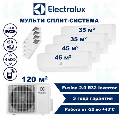 Инверторная мульти сплит-система ELECTROLUX серии Fusion 2.0 на 4 комнаты (35 м2 + 35 м2 + 45 м2 + 45 м2) с наружным блоком 120 м2, Попеременная работа
