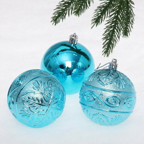 Новогодние шары 8 см (набор 3 шт) «Микс фактур», голубой