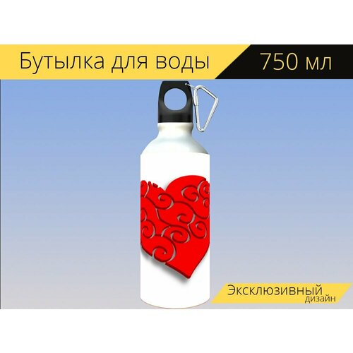 Бутылка фляга для воды "Сердце, красный, сердечко" 750 мл. с карабином и принтом