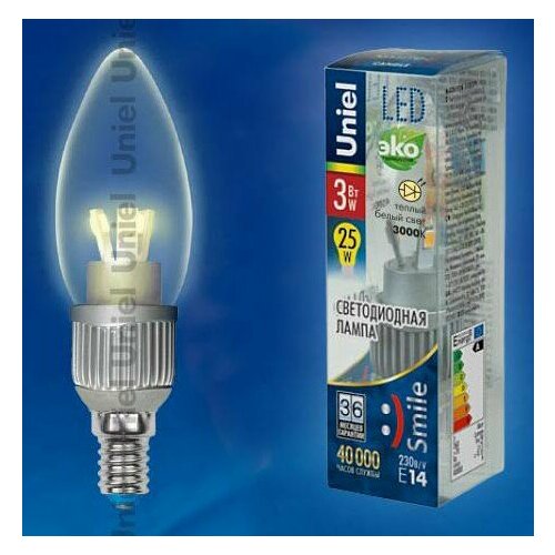 Лампа светодиодная Uniel LED-C37P-3W/WW/E14/CL "Свеча" серия Aluminium Smile