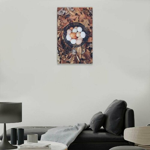 Картина на холсте 60x110 LinxOne "Яйца, осень, корзинка, листва" интерьерная для дома / на стену / на кухню / с подрамником