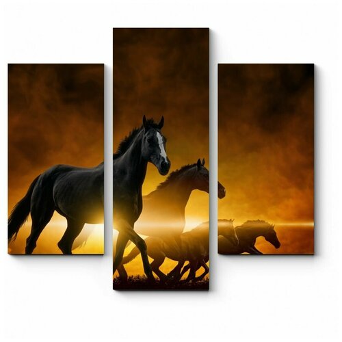 Модульная картина Бегущие лошади на фоне закатных облаков 110x99