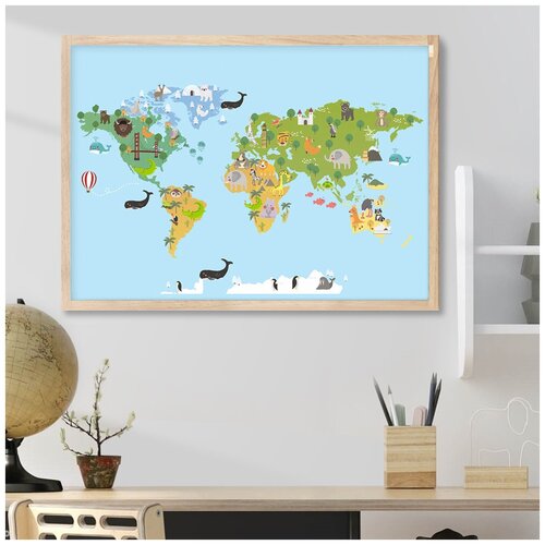 Постер без рамки "Карта мира с животными для детей" 30 на 40 в тубусе / Картина для интерьера / Плакат / Постер на стену