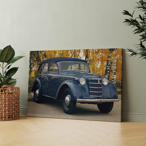 Картина на холсте "Винтажная синяя машина припаркована на подъездной дорожке" 40x60 см. Интерьерная, на стену.