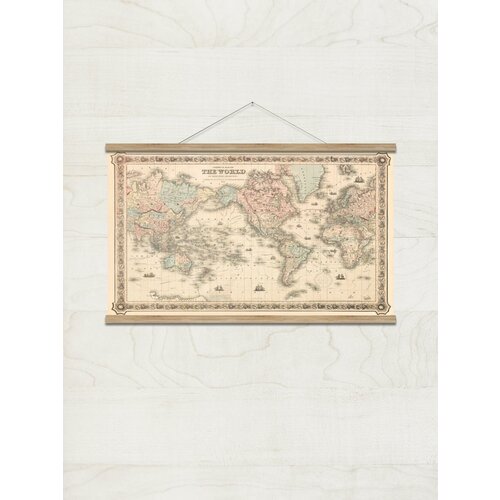 Постер / Плакат / Картина на холсте Старинная карта на холсте - Карта мира Азия-Америка на английском языке 50x70
