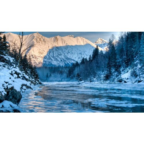 Картина на холсте 60x110 LinxOne "Alaska река зима пейзаж" интерьерная для дома / на стену / на кухню / с подрамником