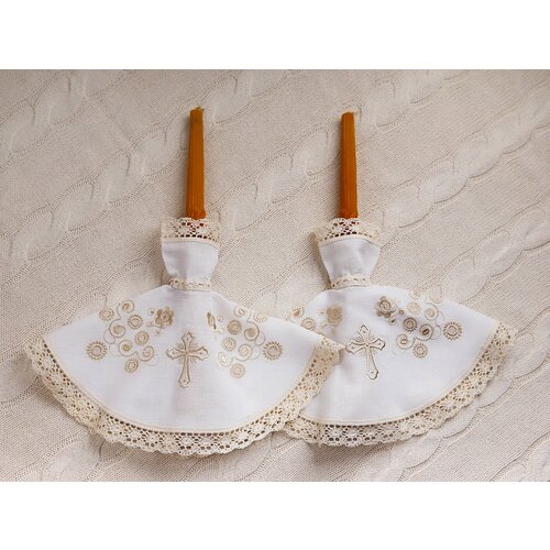 Набор кружевных салфеток для венчальных свечей (2 шт.) с вышивкой "Жаворонки" на свадьбу или венчание