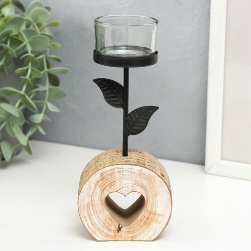 Подсвечник дерево, металл на 1 свечу "Цветочек с сердечком" 18х7,5х7 см